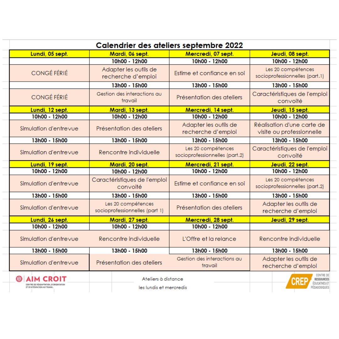Ateliers du mois de Septembre 2022 - Aim Croit